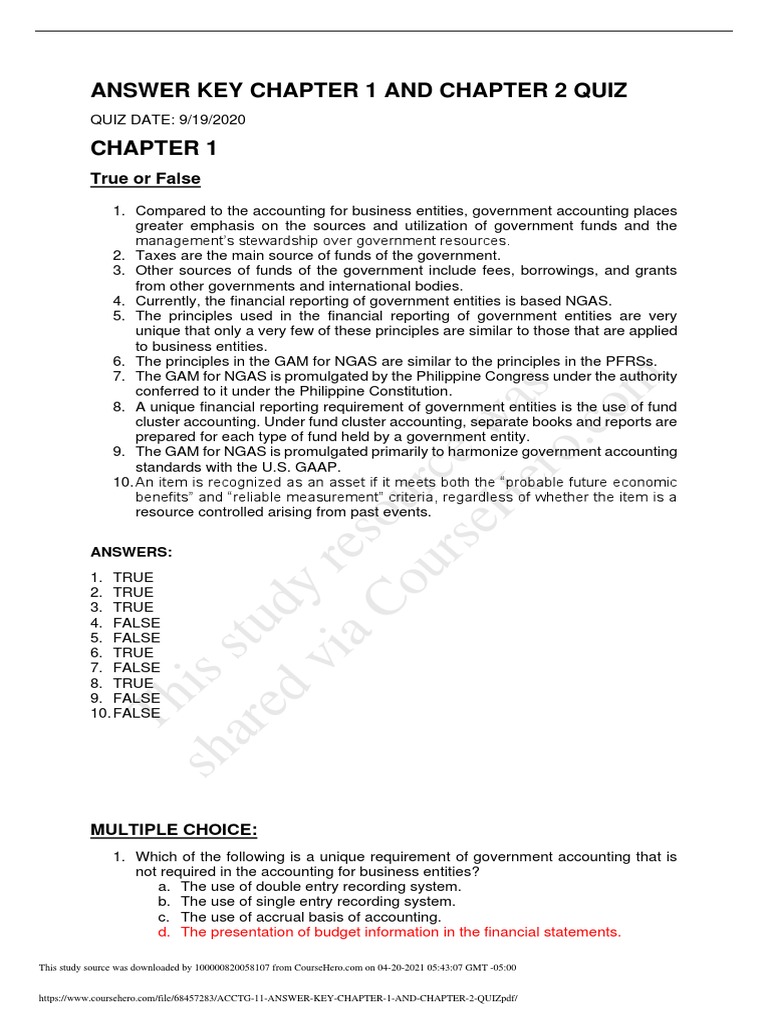 This Study Resource Was: Answer Key Chapter 1 and Chapter 2 Quiz | PDF ...
