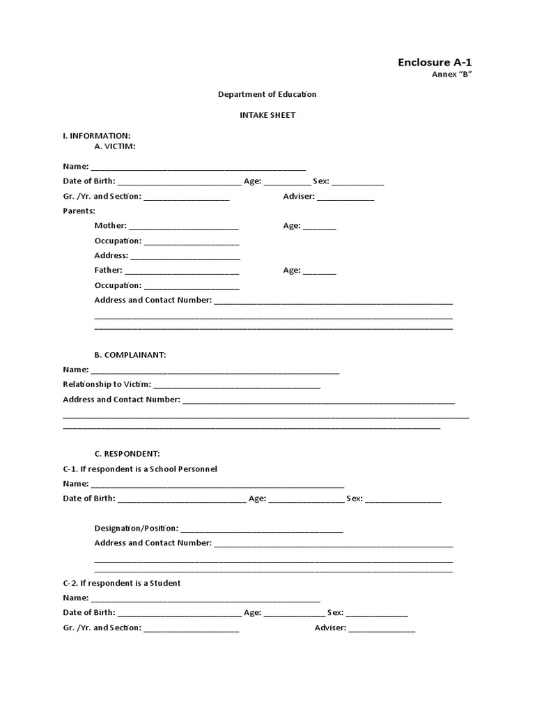 Intake Sheet Enclosure A | PDF | Misconduct | Social Institutions