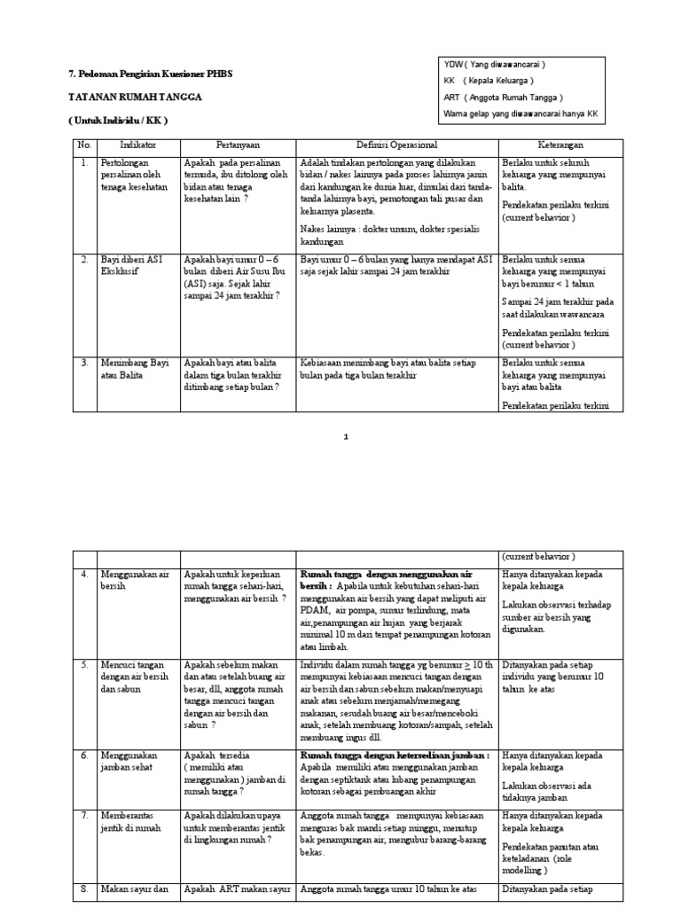 Pedoman Pengisian Kuesioner PHBS | PDF