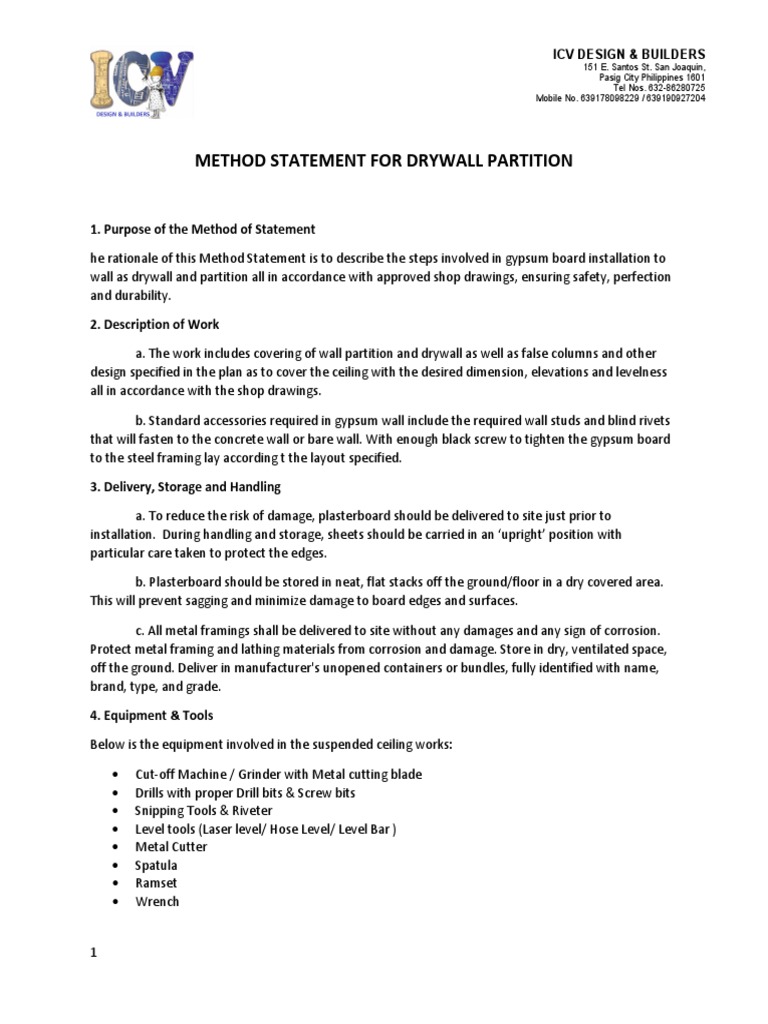 Method Statement Detailed For Drywall | PDF | Drywall | Wall