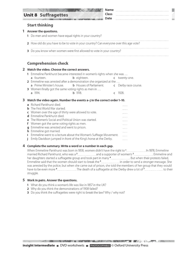 Intermediate DVD Worksheets Unit 8 | PDF | Emmeline Pankhurst | Suffragette