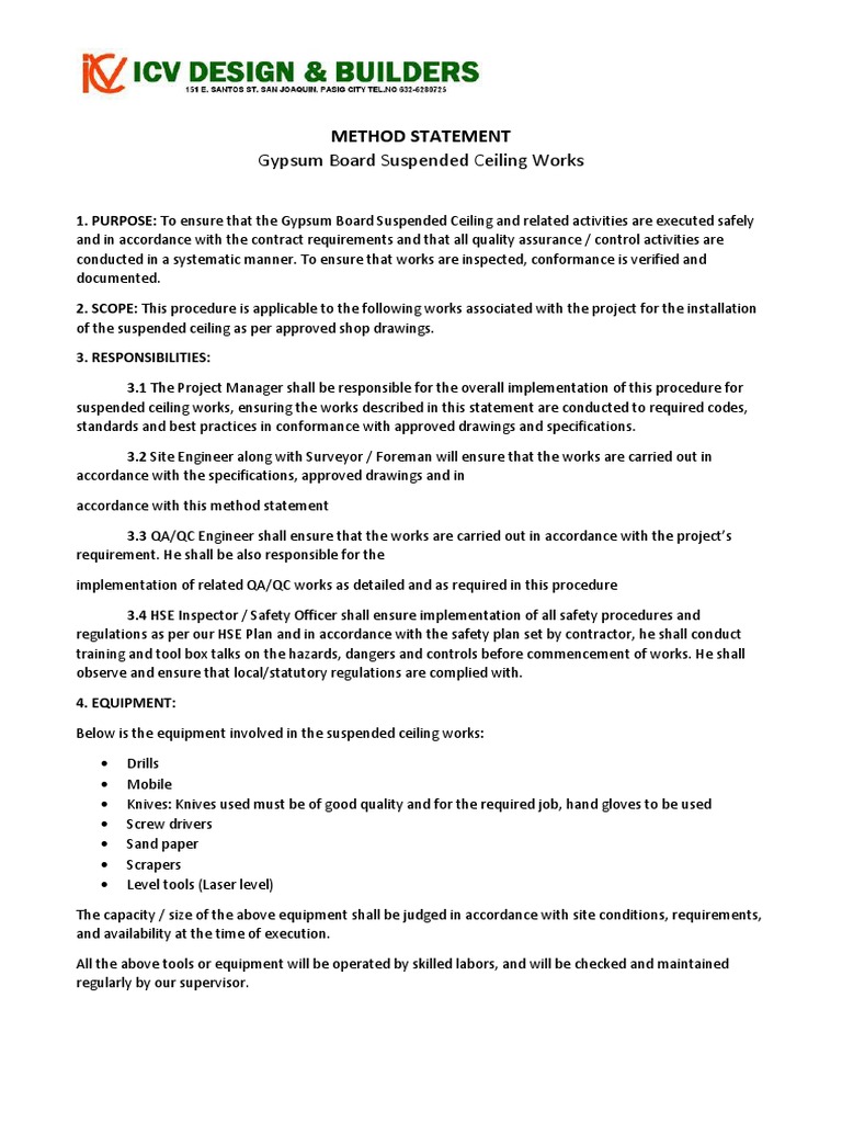 Method Statement Suspended Ceiling | PDF | Personal Protective ...