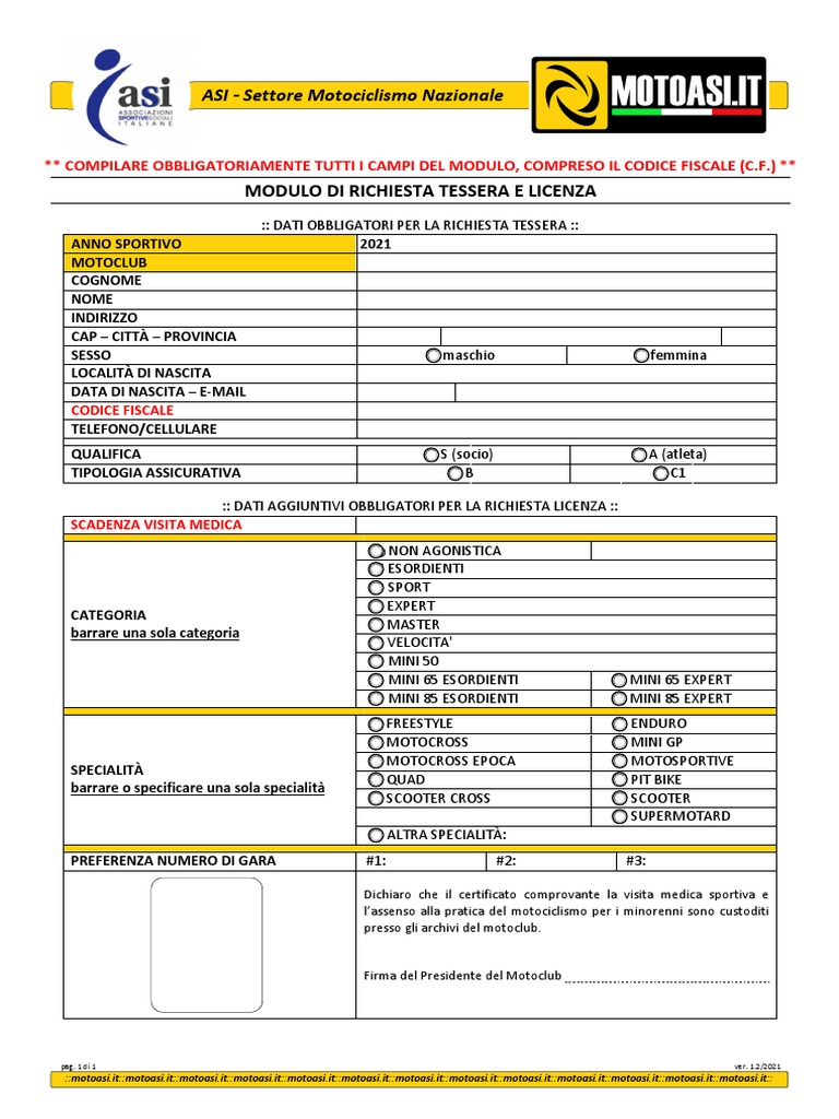 ASI Modulo Richiesta Tessera e Licenza 2021 1.2 (C) | PDF