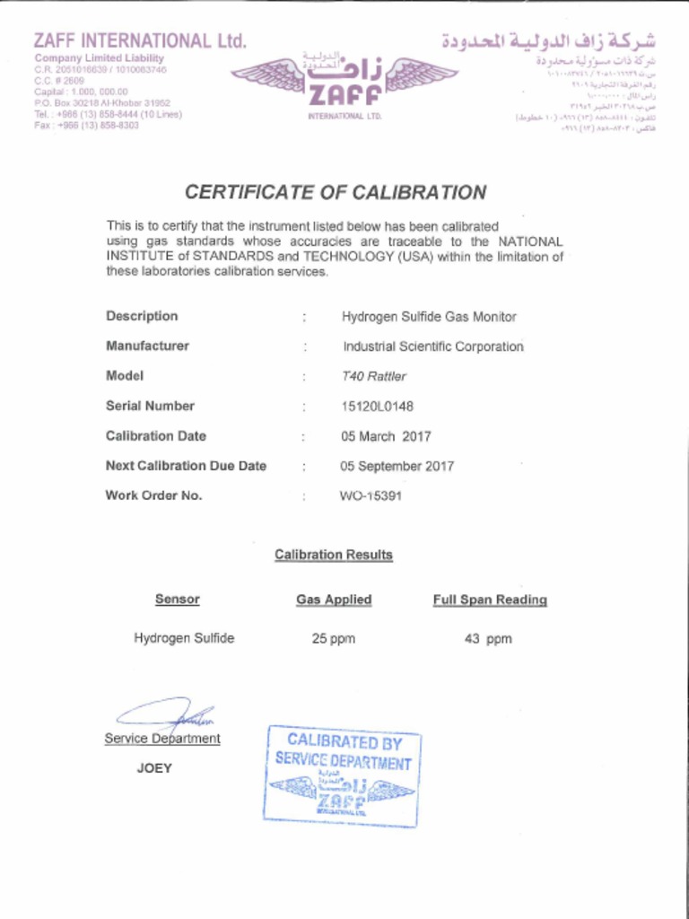 Calibration Certificate - Gas Detector T-40 Rattler (ZAFF International ...