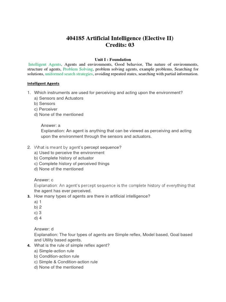 Artificial Intelligence (Elective II) Credits: 03: Unit I: Foundation | PDF | Theoretical ...