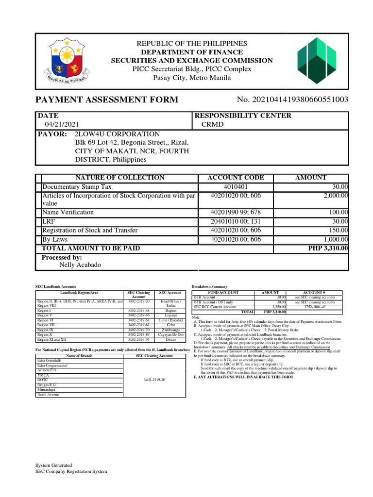 Payment Assessment Form: Republic of The Philippines | PDF | Payments ...