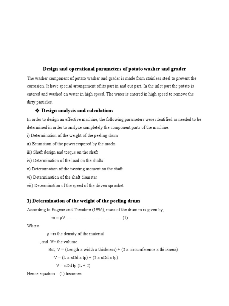 Design and Operational Parameters of Potato Washer and Grader | PDF ...