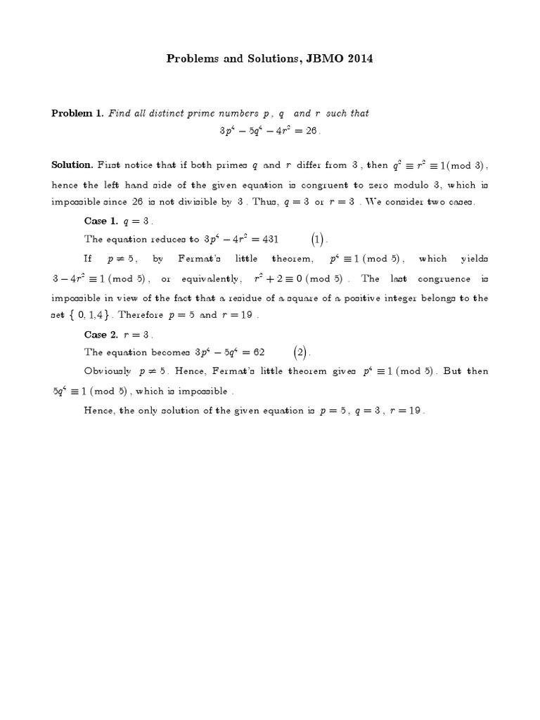 Problems and Solutions, JBMO 2014: Problem 1. Find All Distinct Prime ...