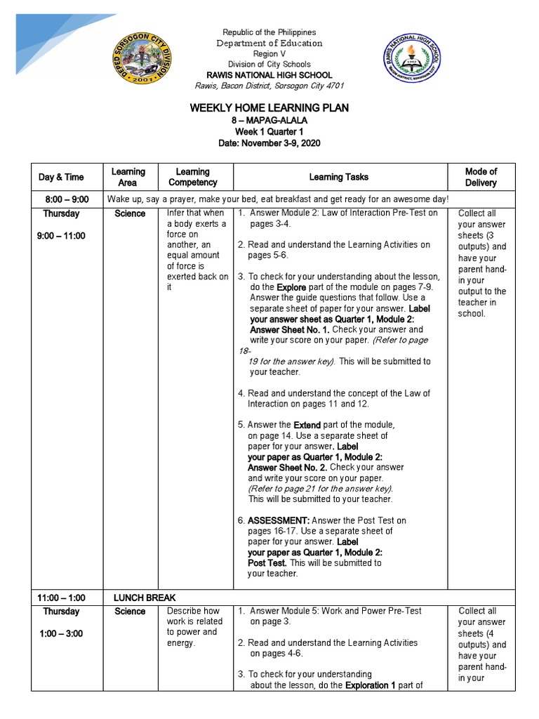 WEEKLY HOME LEARNING PLAN Template | PDF | Teachers | Learning