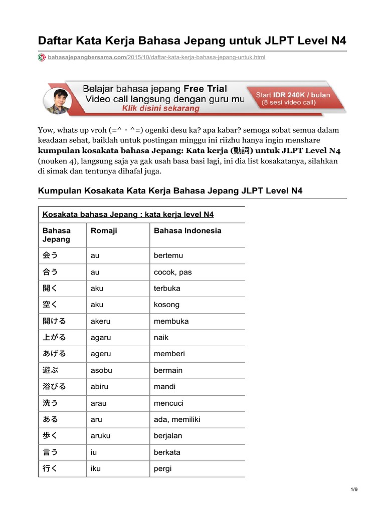 Daftar Kata Kerja Bahasa Jepang Untuk JLPT Level N4 | PDF
