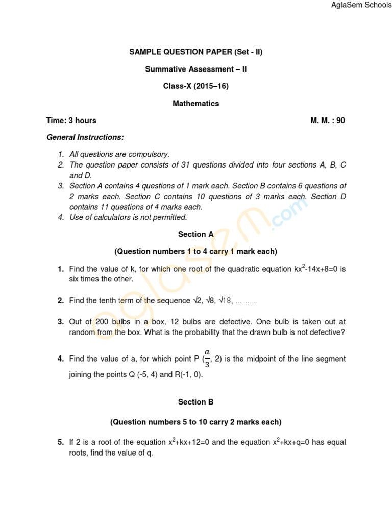 CBSE Sample Papers 2016 Class 10 SA 2 - Maths | PDF | Circle | Area