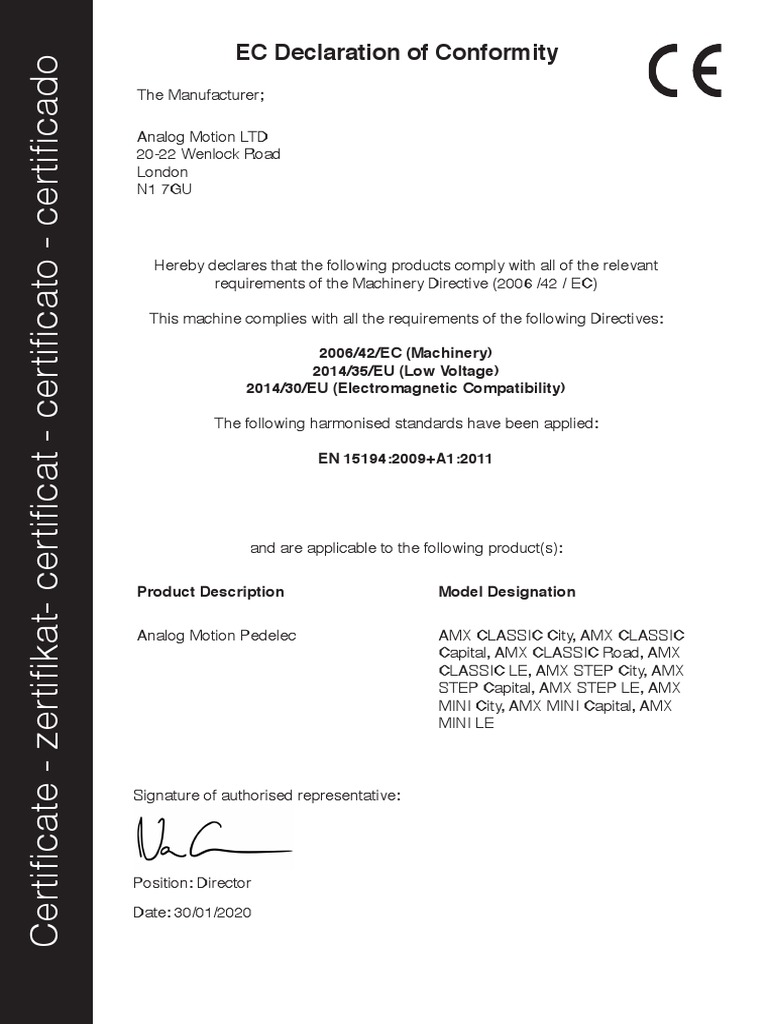 Analog Motion en 15194 Amx Certificate of Conformity | PDF | Electrical ...