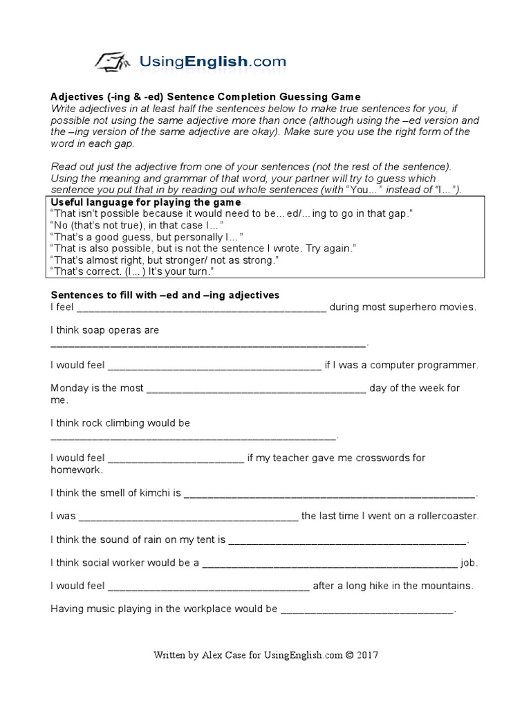 Adjectives Ing Ed Sentence Completion Guessing Game | PDF | Language ...