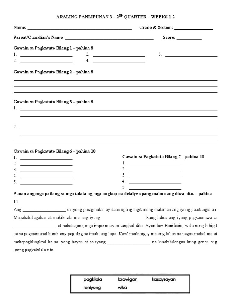 Grade 3 - Answer - Sheet - Q2 - Ap - Week1 | PDF