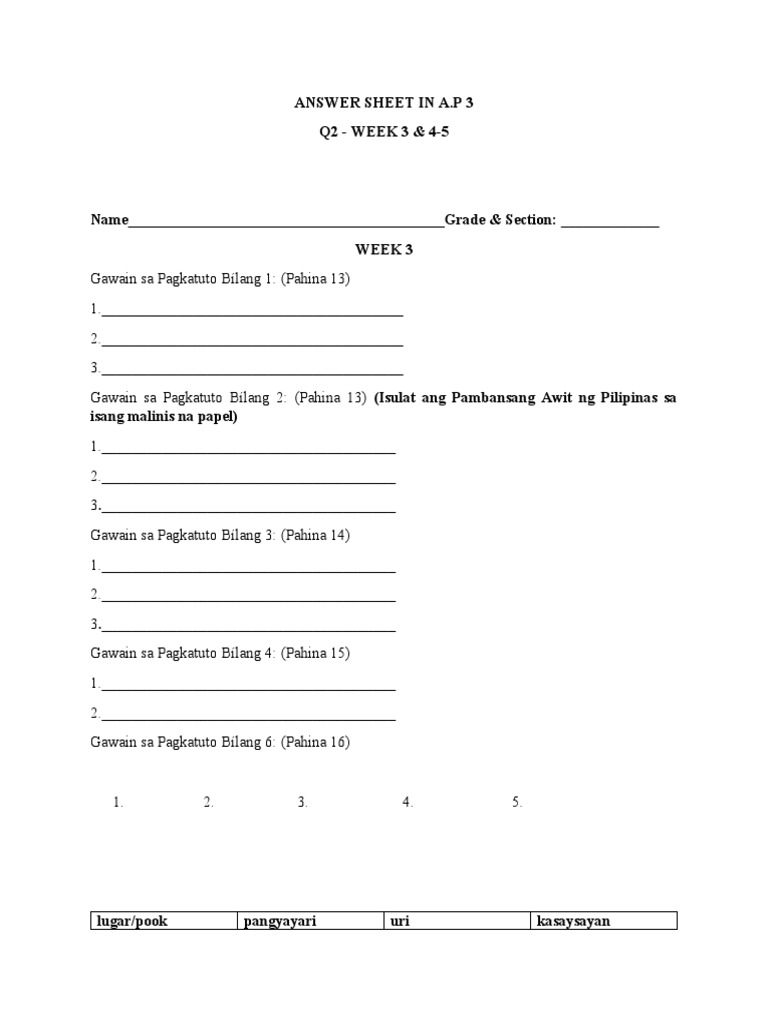 Grade 3 - Answer - Sheet - Q2 - Ap - Week2 | PDF
