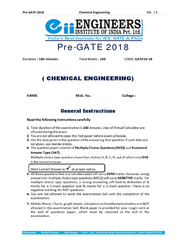 Pre GATE 2018 2nd Test Question Paper | PDF | Control Theory | Enthalpy