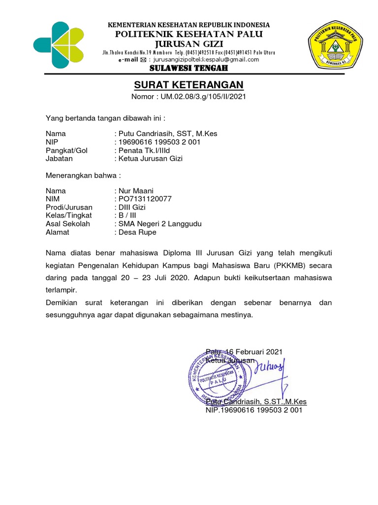 Surat Keterangan Mengikuti PKKMB | PDF