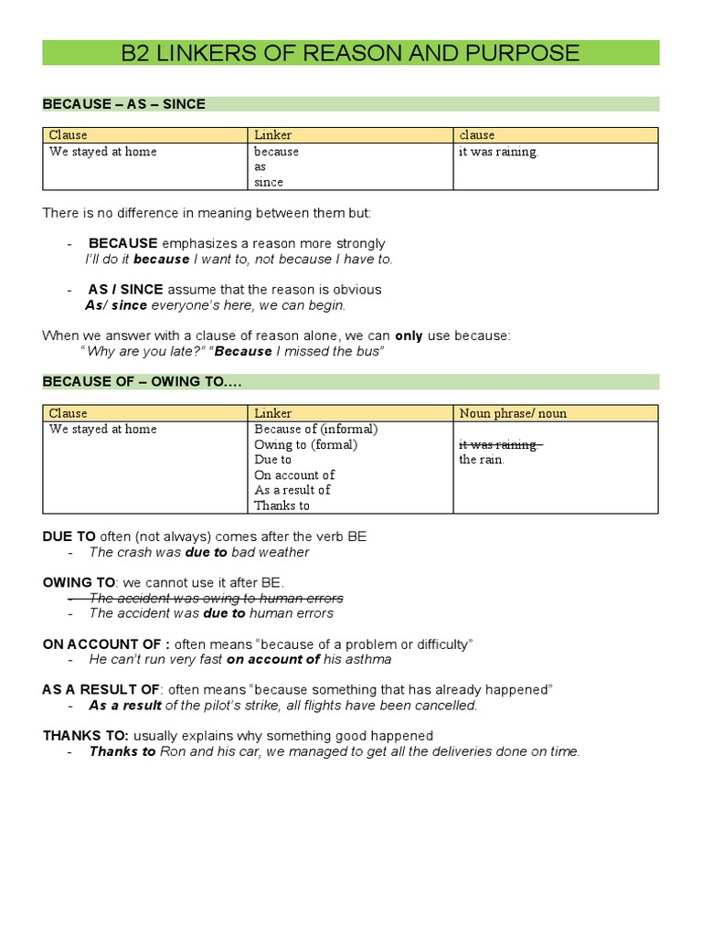 B2 Linkers: Reason and Purpose Explained | PDF | Clause | Grammar