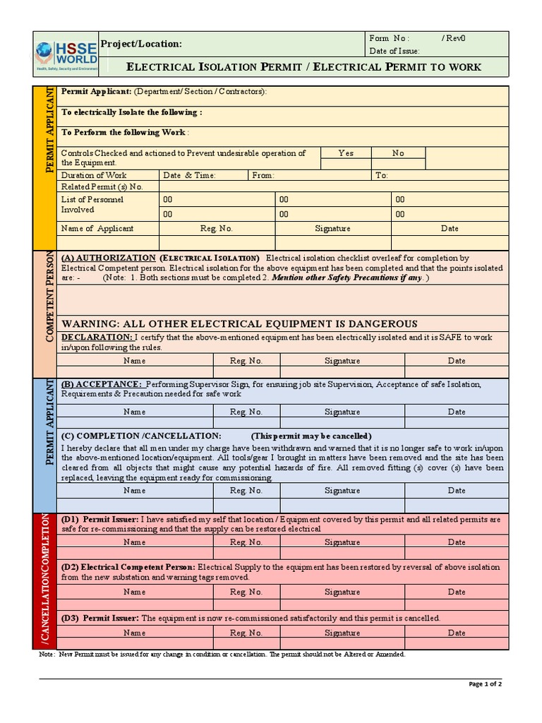 Electrical Isolation Permit Template | PDF | Switch | Manufactured Goods