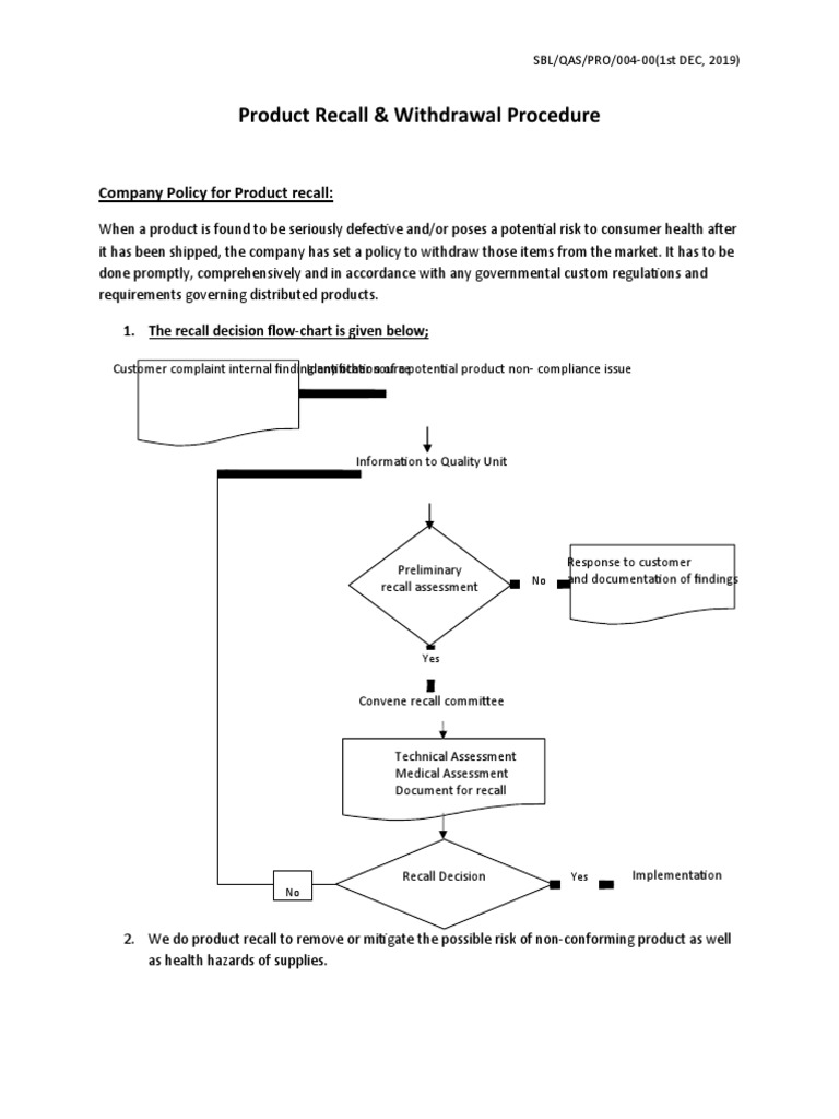 Product Recall & Withdrawal Procedure | PDF | Quality Assurance | Risk