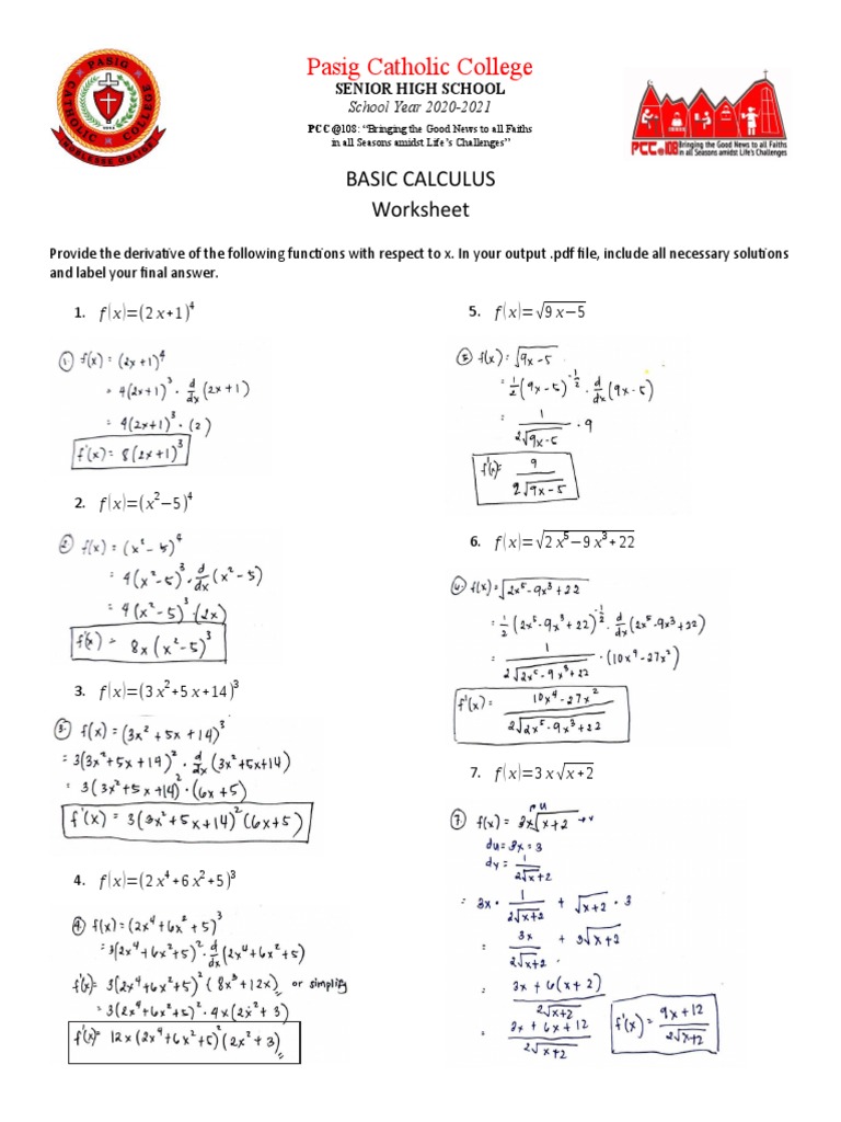 Pasig Catholic College: Basic Calculus Worksheet | PDF
