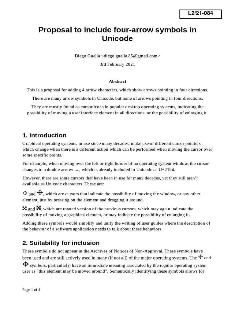 Proposal To Include Four-Arrow Symbols in Unicode: Page 1 of 4 | PDF | Cursor (User Interface ...