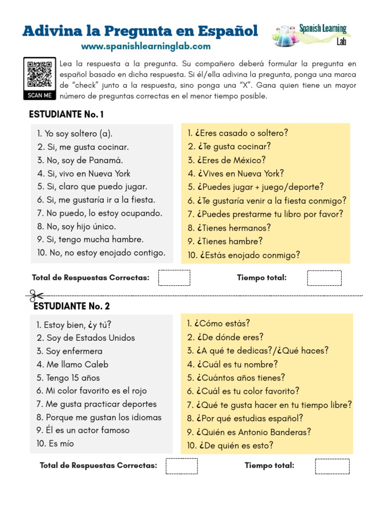 Guessing Basic Questions in Spanish PDF Worksheet Adivinando Preguntas ...