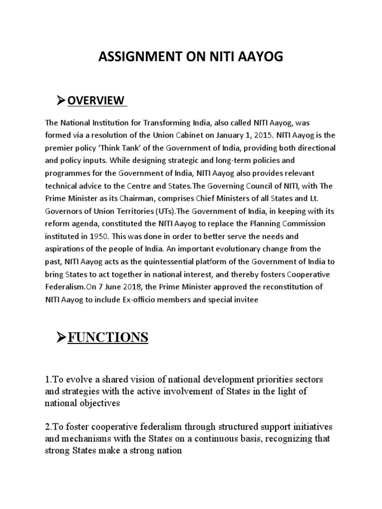 Assignment On Niti Aayog | PDF | Entrepreneurship | Policy