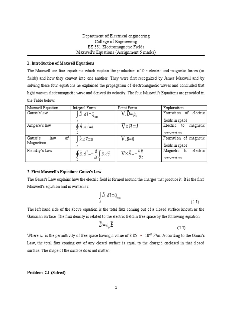 Department of Electrical Engineering College of Engineering EE 351 Electromagnetic Fields ...