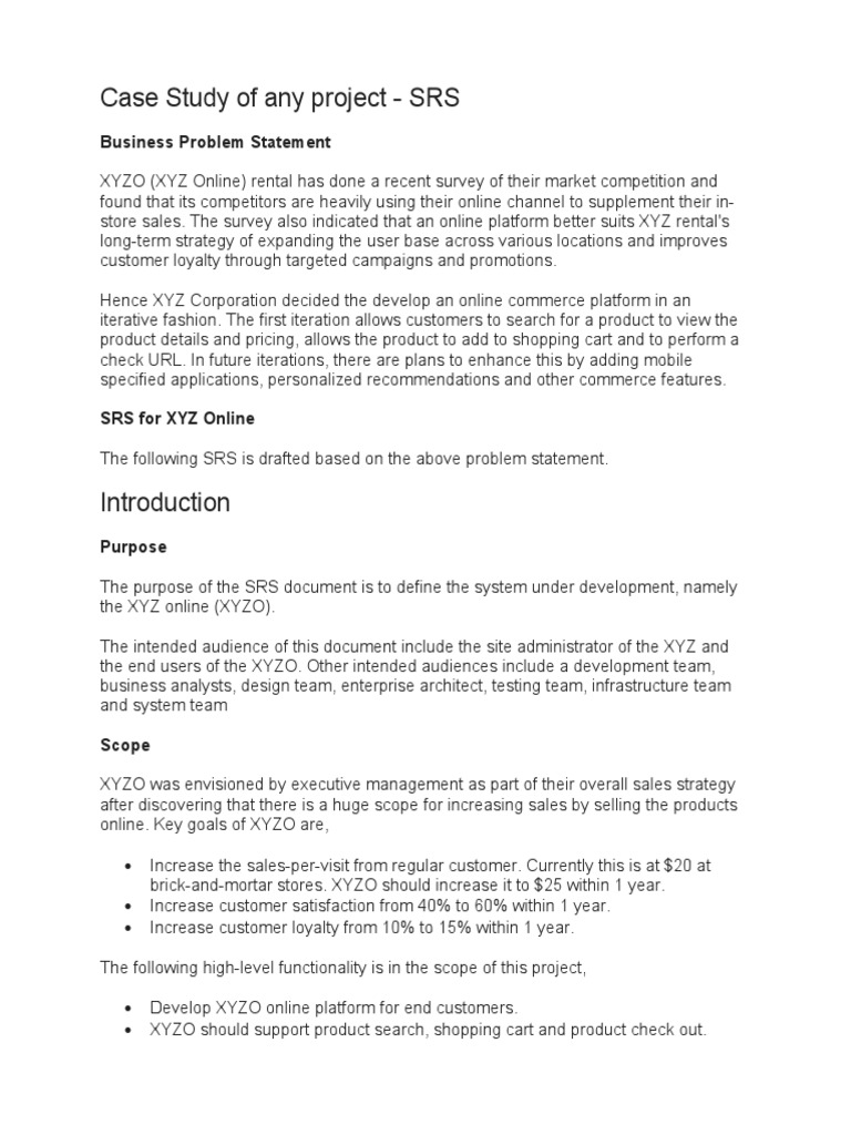 Case Study of Any Project - SRS: Business Problem Statement | PDF ...