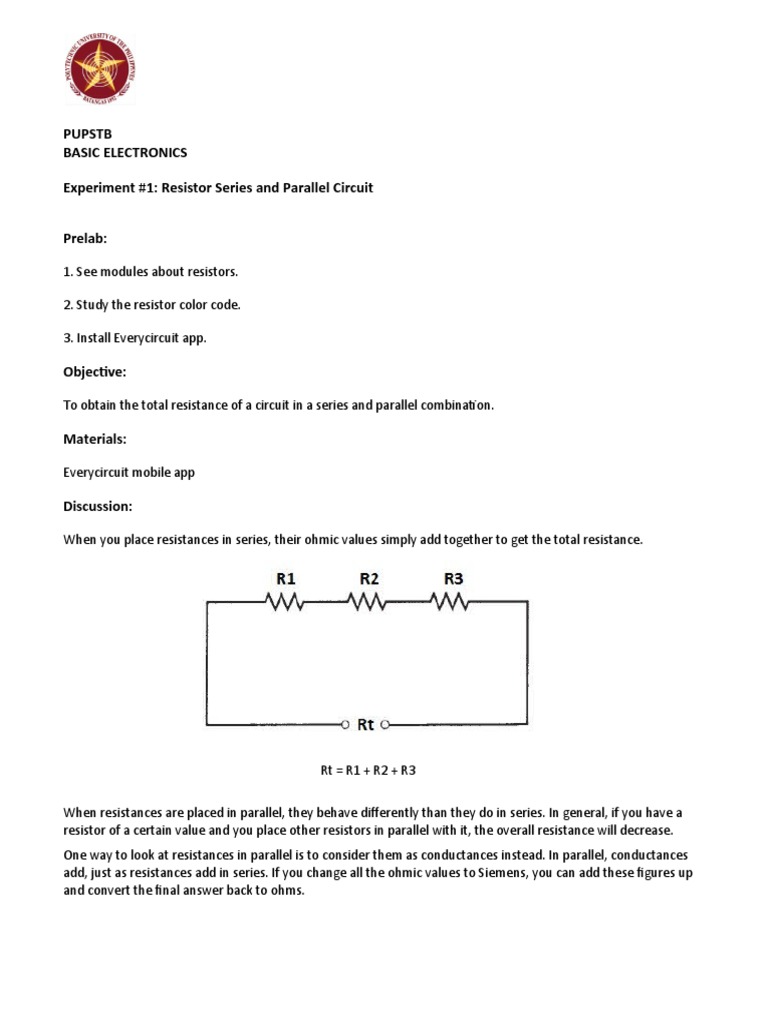 Pupstb Basic Electronics Experiment #1: Resistor Series and Parallel Circuit | PDF | Electrical ...