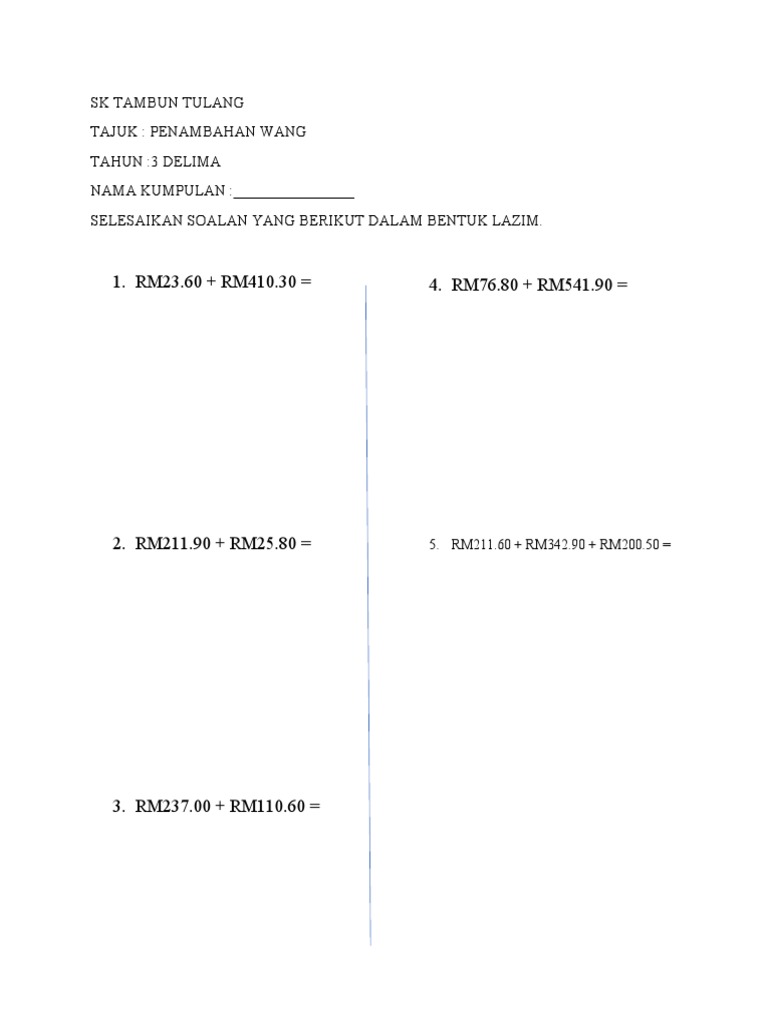 Soalan Math Tahun 3 Penambahan Wang | PDF