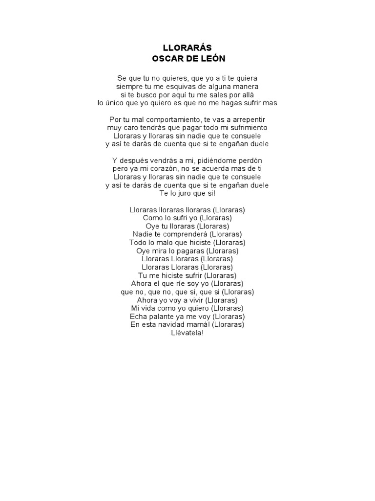 Llorarás Oscar De León Letra Completa Pdf