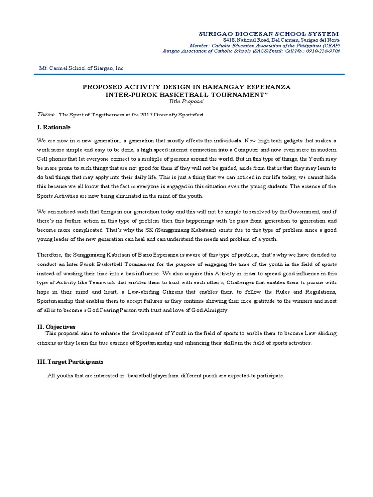 Proposed Activity Design in Barangay Esperanza Inter-Purok Basketball ...