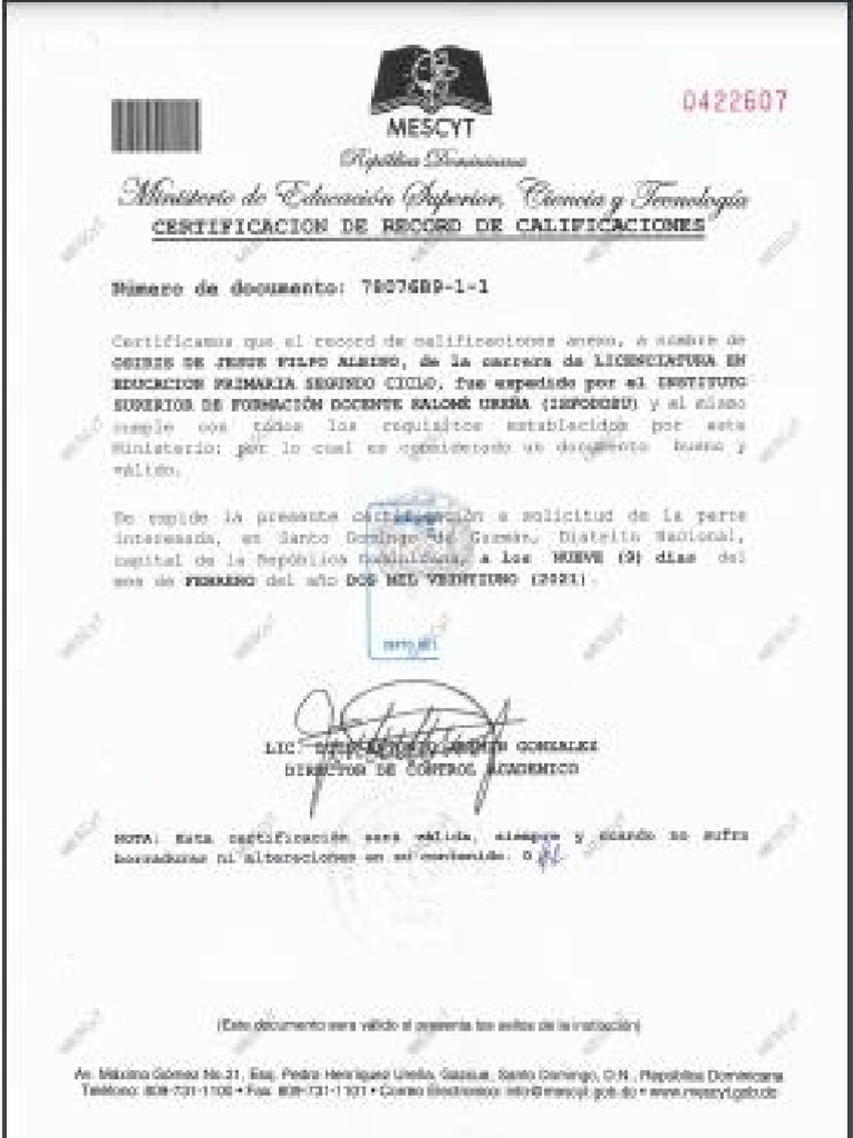 Record de Calificaciones de La Carrera de Grado Legalizado, Con Su ...