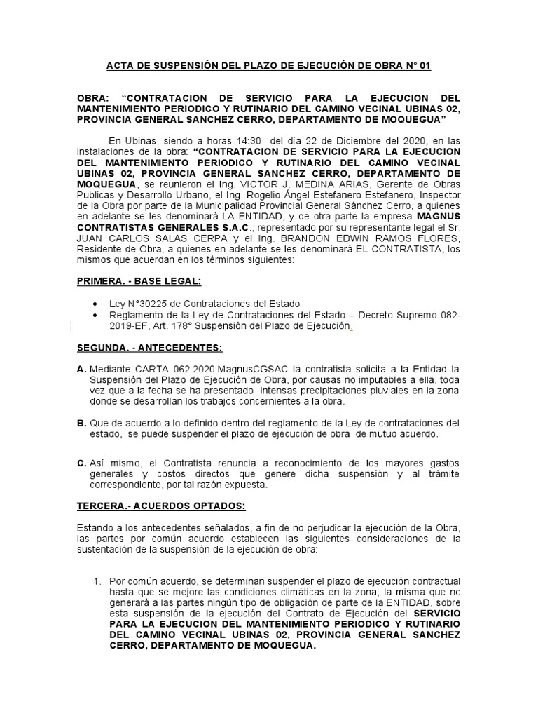Acta de Suspensión de Plazo de Ejecución de Obra N°01 Ubinas | PDF | Gobierno