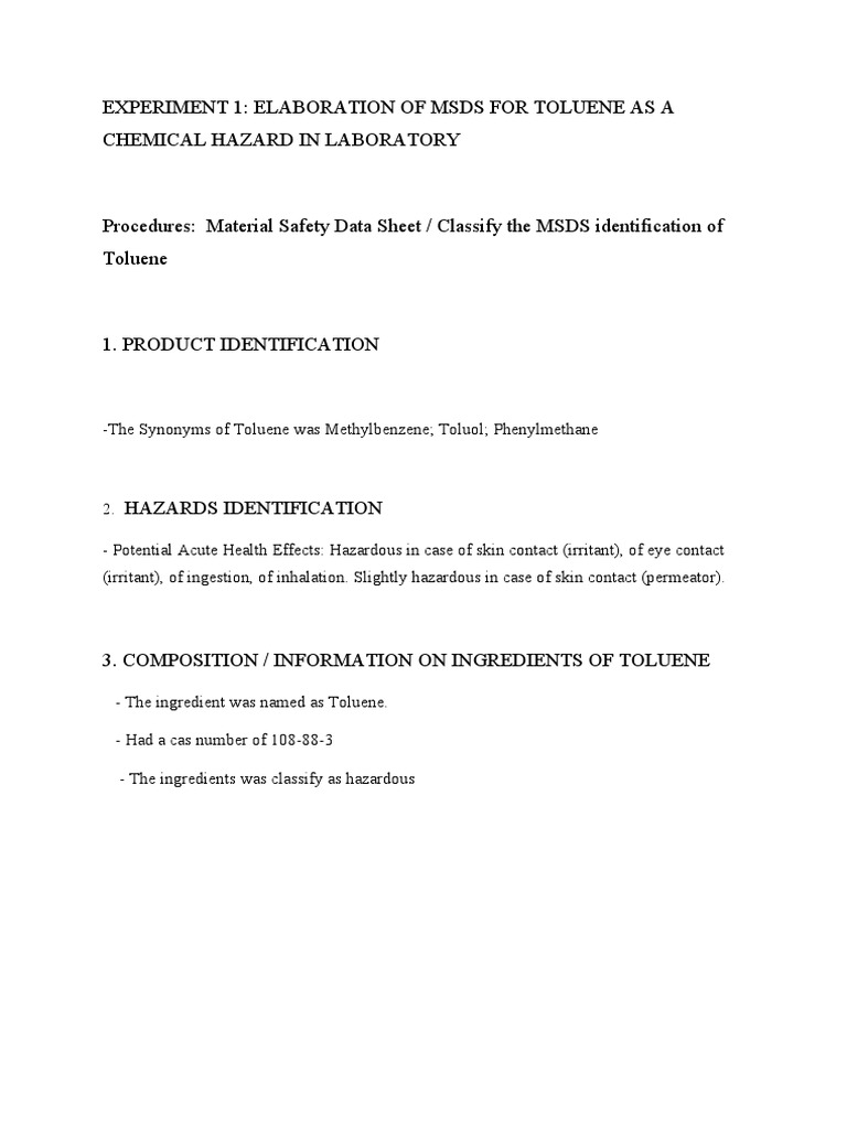 MSDS TOLUENE Procedure Exp 1 Farhana | PDF | Toluene | Toxicity