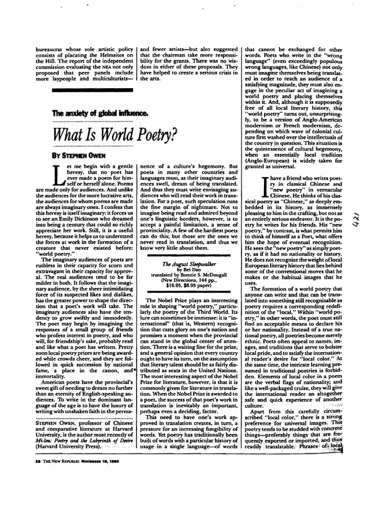 Stephen - Owen-What - Is - World - Poetry Bei Dao | PDF | Poetry | Poets