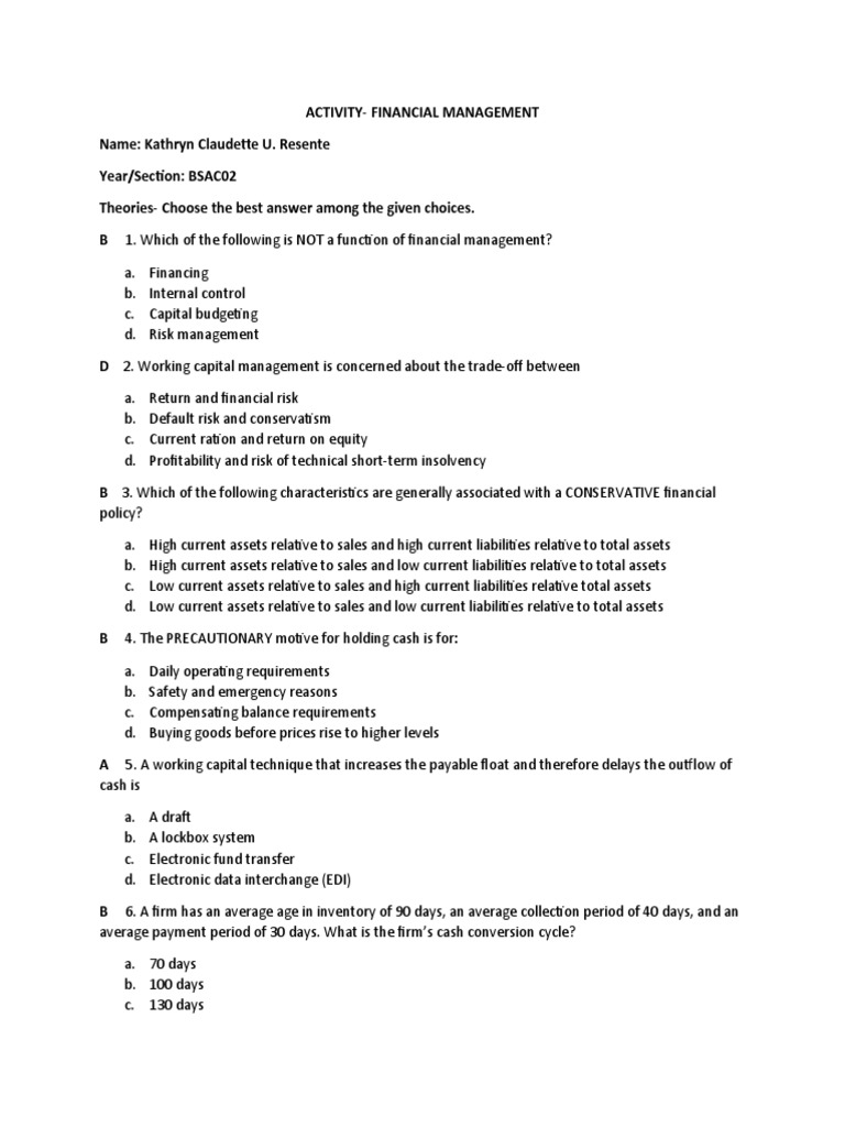 Activity - Financial Management | PDF | Debt | Working Capital