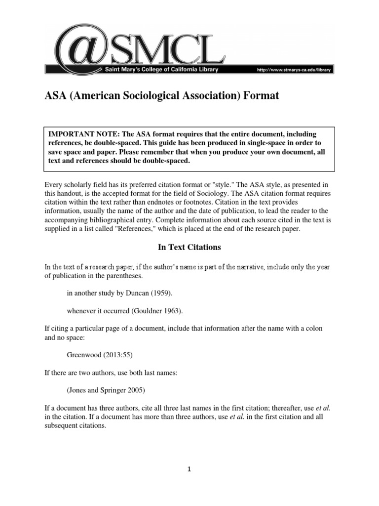 ASA (American Sociological Association) Format: in Text Citations | PDF ...