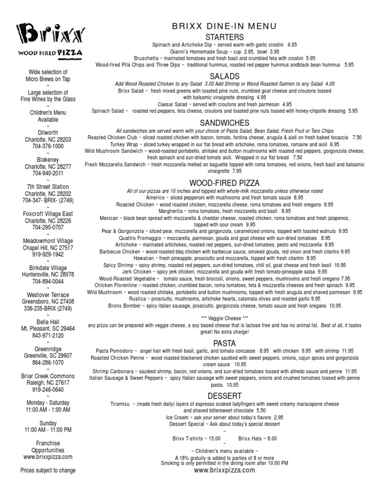 Brixx Dine-In Menu: Starters | Tomato Sauce | Salad | Free 30-day Trial ...