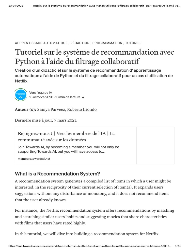 Tutoriel Sur Le Système de Recommandation Avec Python Utilisant Le Filtrage Collaboratif - Par ...