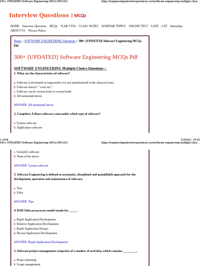 300+ (Updated) Software Engineering Mcqs PDF | Download Free PDF ...
