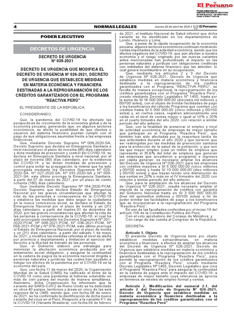 Decreto de Urgencia | PDF | Estado de emergencia | Perú