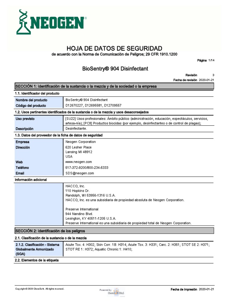 Hoja de Seguridad Biosentry 904 | PDF | Alergia | Residuos