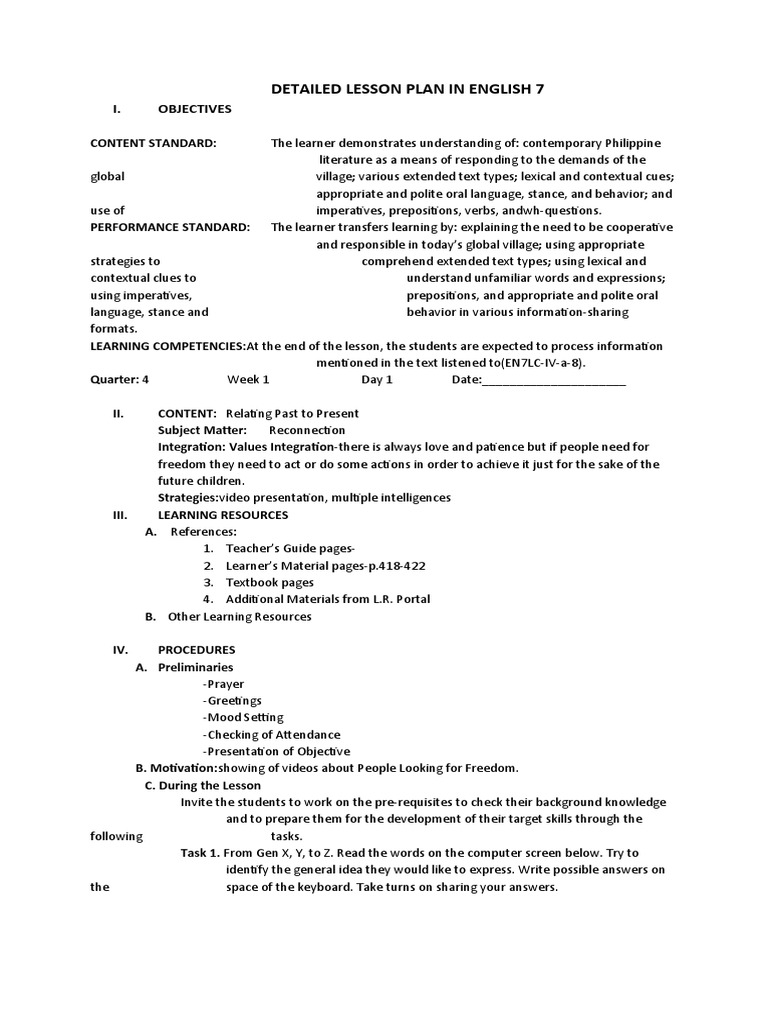 Detailed Lesson Plan in English 7: I. Objectives | PDF | English ...