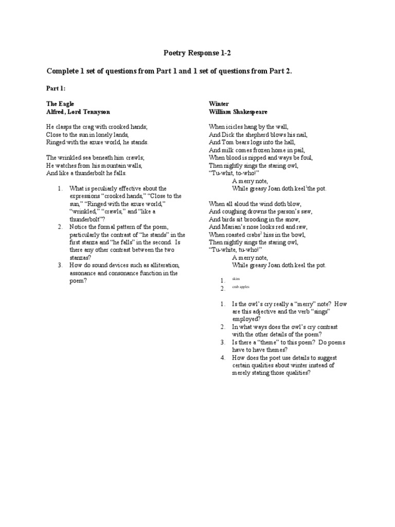 Poetry Response 1-2 Complete 1 Set of Questions From Part 1 and 1 Set ...