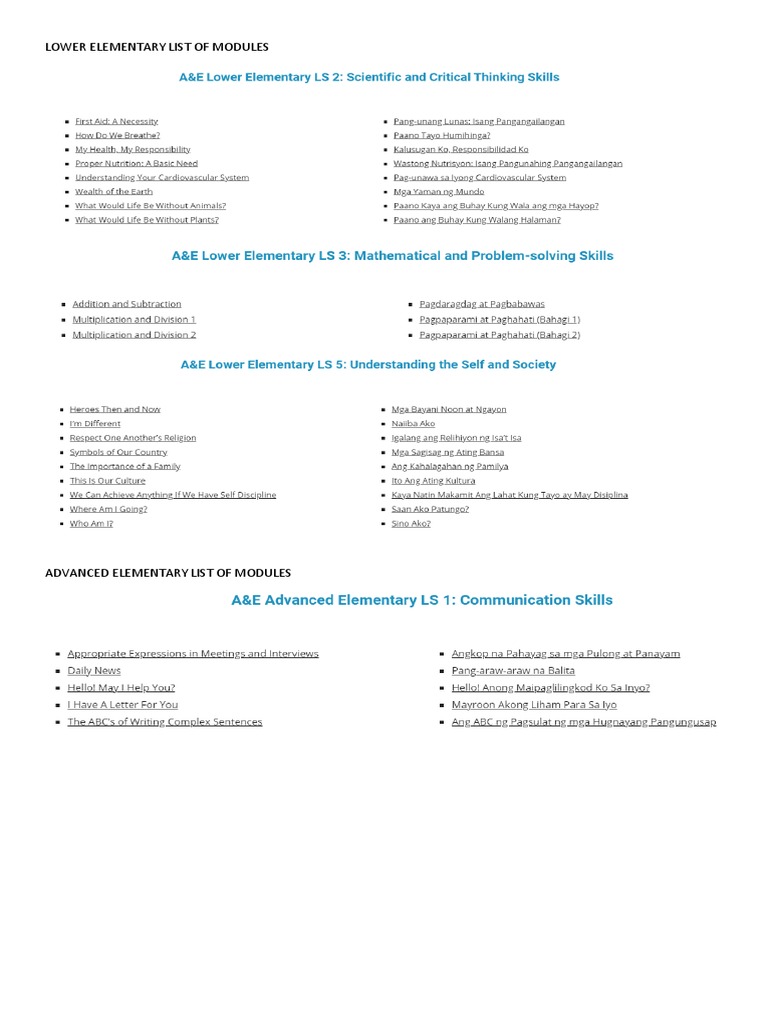 List of Modules Lower, Advanced Elementary and Secondary | PDF