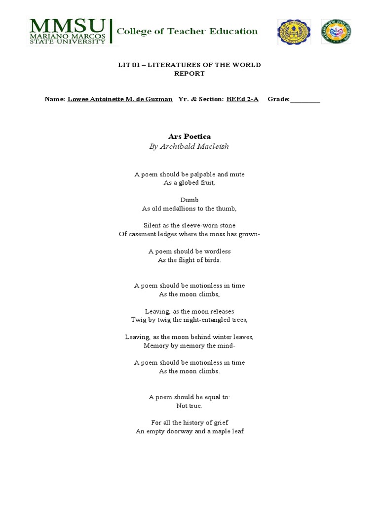 By Archibald Macleish: Ars Poetica | PDF | Poetry