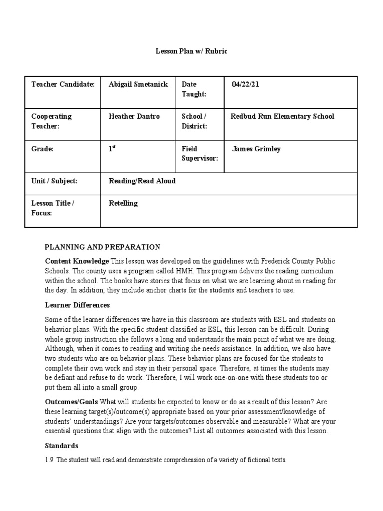 Lesson Plan Retelling Story | PDF | Educational Assessment | Lesson Plan